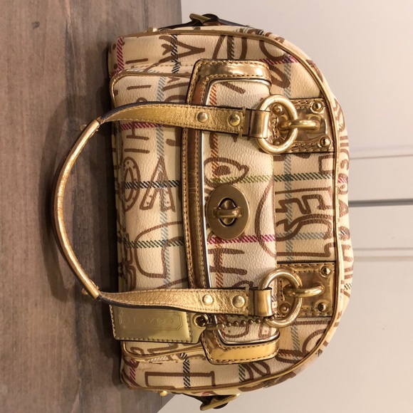 Coach | Bags | Coach Graffiti Tattersall Gold Purse | Poshmark